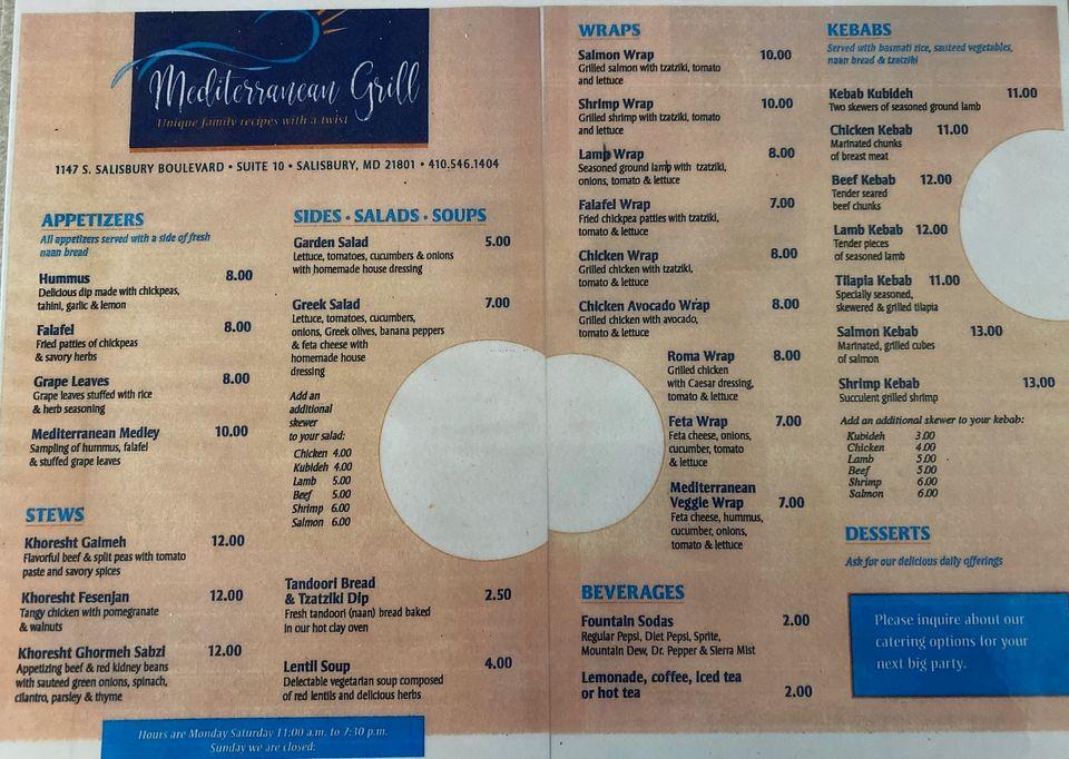 Menu at Mediterranean Grill restaurant, Salisbury