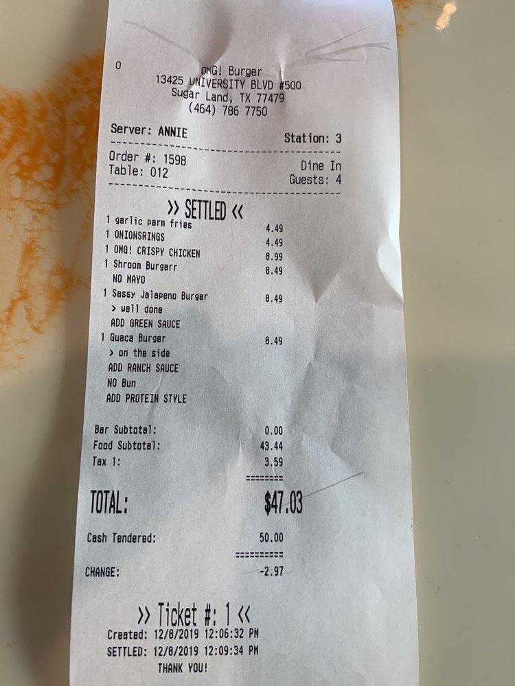 Menu at OMG! Burger restaurant, Sugar Land
