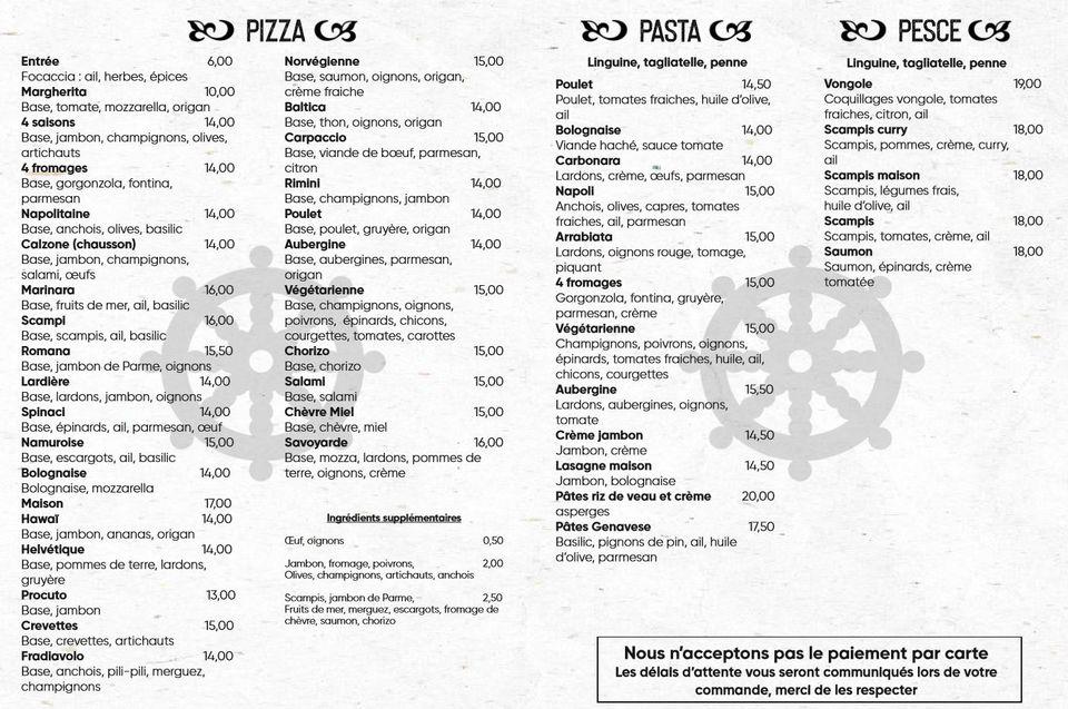 Menu au Pizzeria Monte Cristo, Tournai
