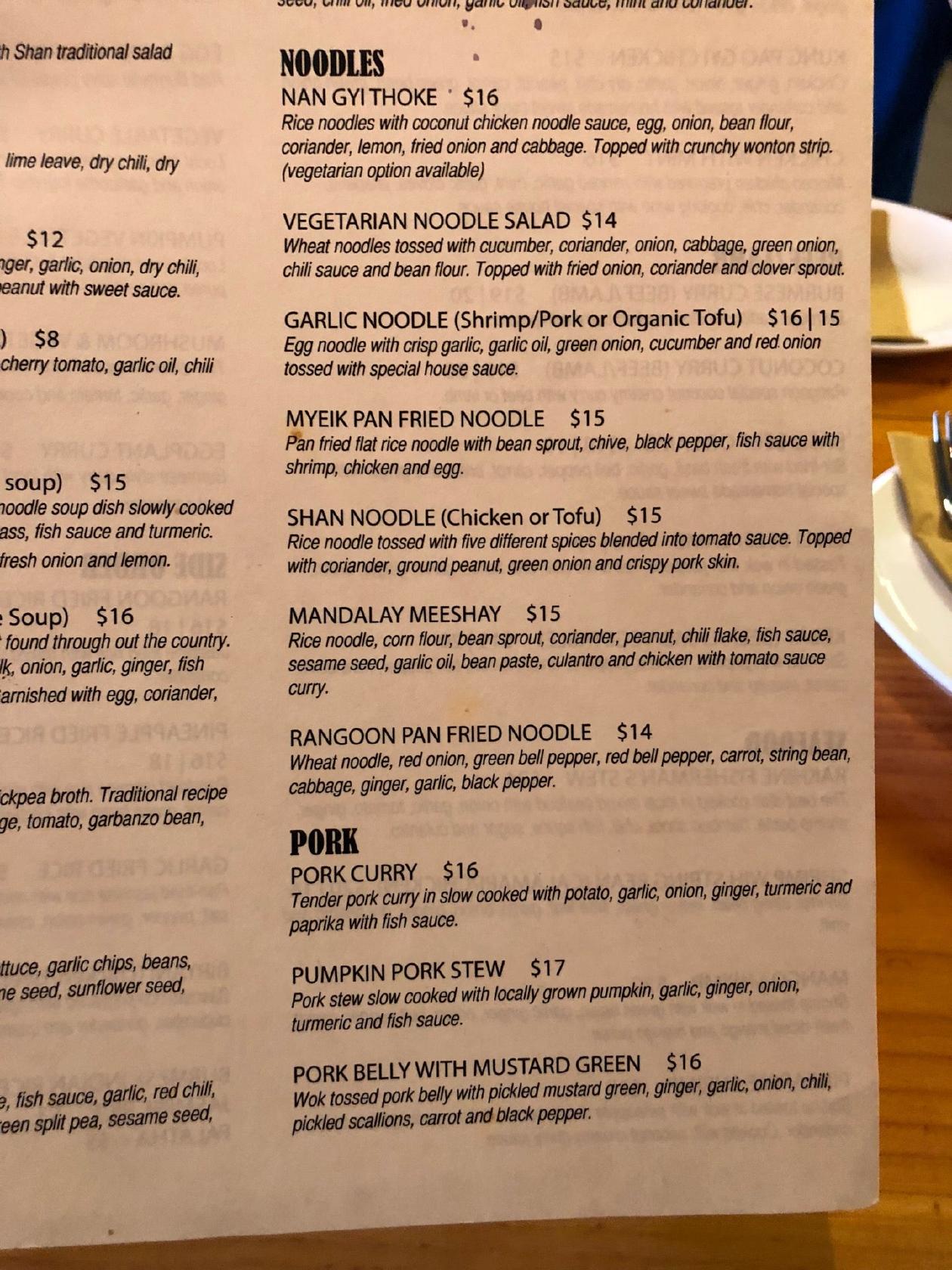 Menu at Rangoon Burmese kitchen restaurant, Honolulu
