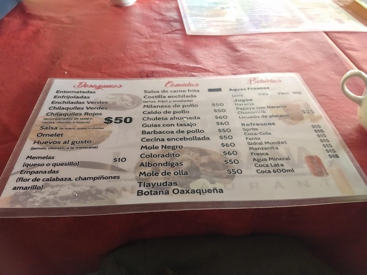 Menu at Traditional Mixteca Restaurant, Santa María Coyotepec