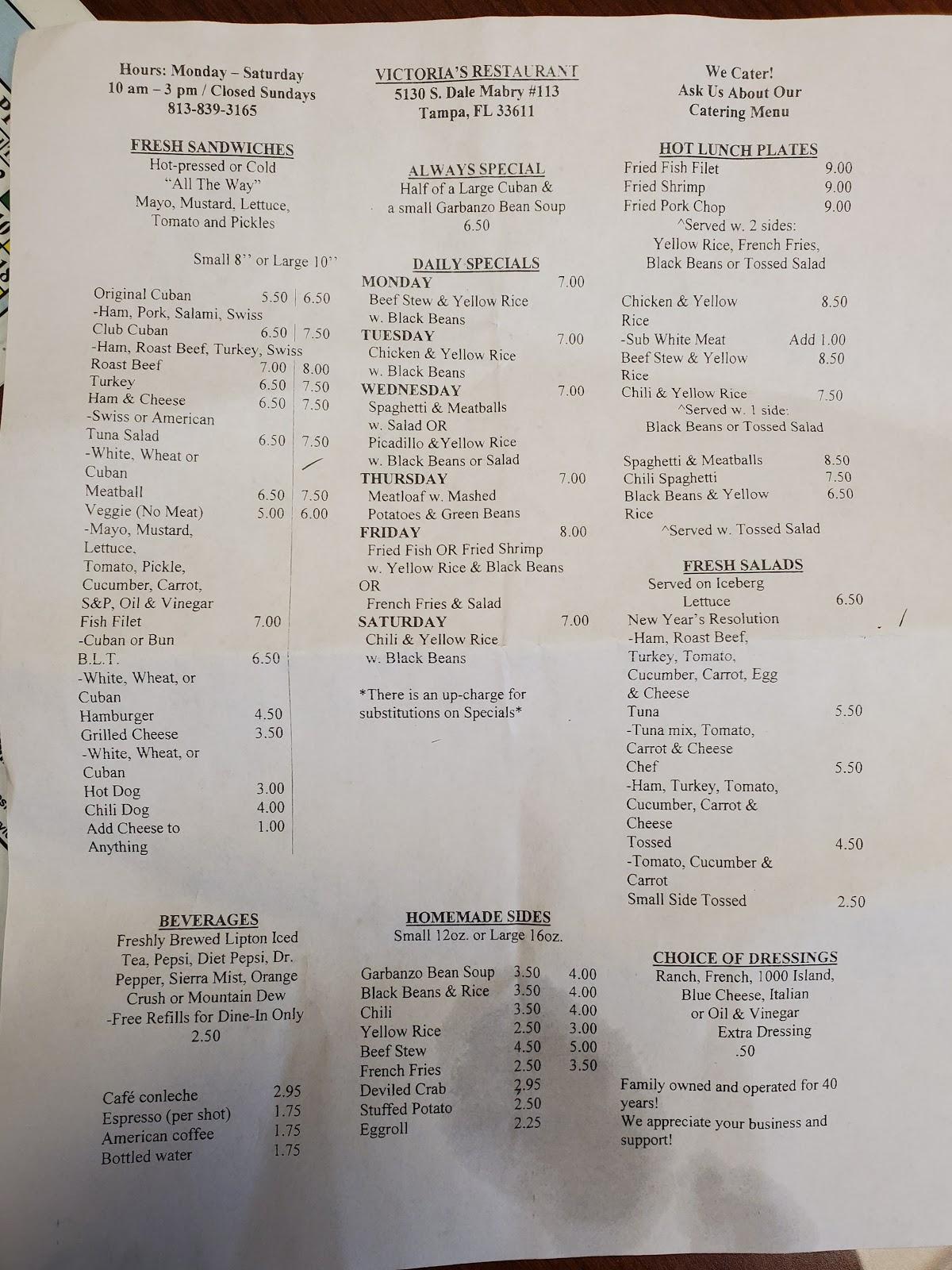 Menu at Victoria's Restaurant, Tampa