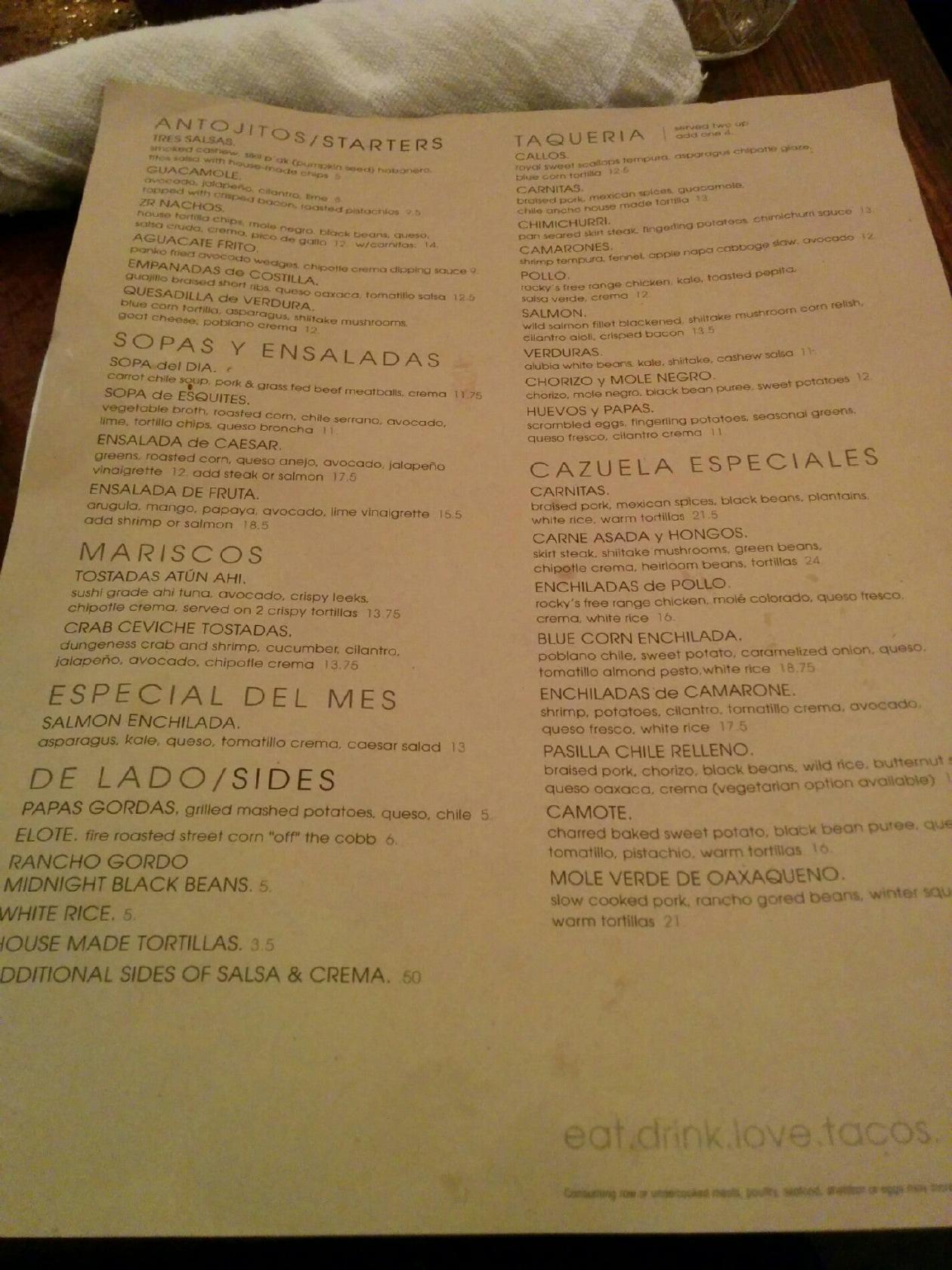 Menu at Zona Rosa restaurant, San Jose