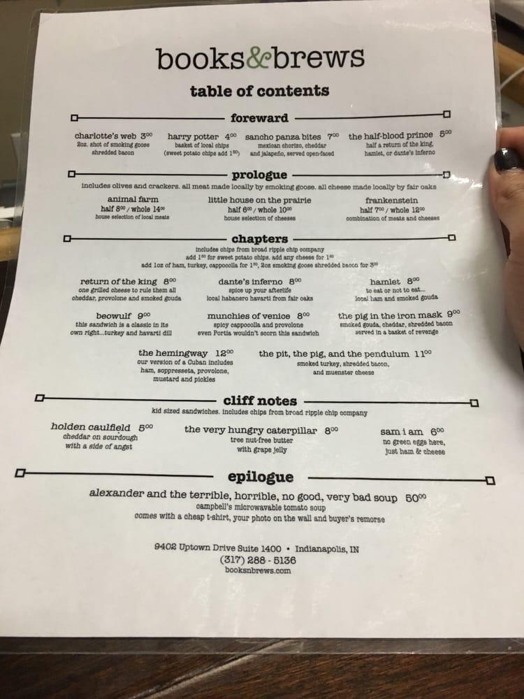 Menu at Books & Brews pub & bar, Indianapolis, Uptown Dr #1400
