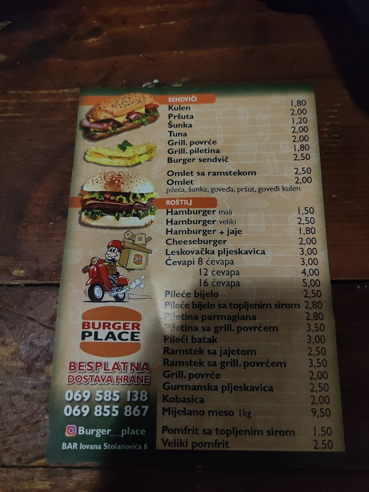 Menu at Burger Place restaurant, Bar