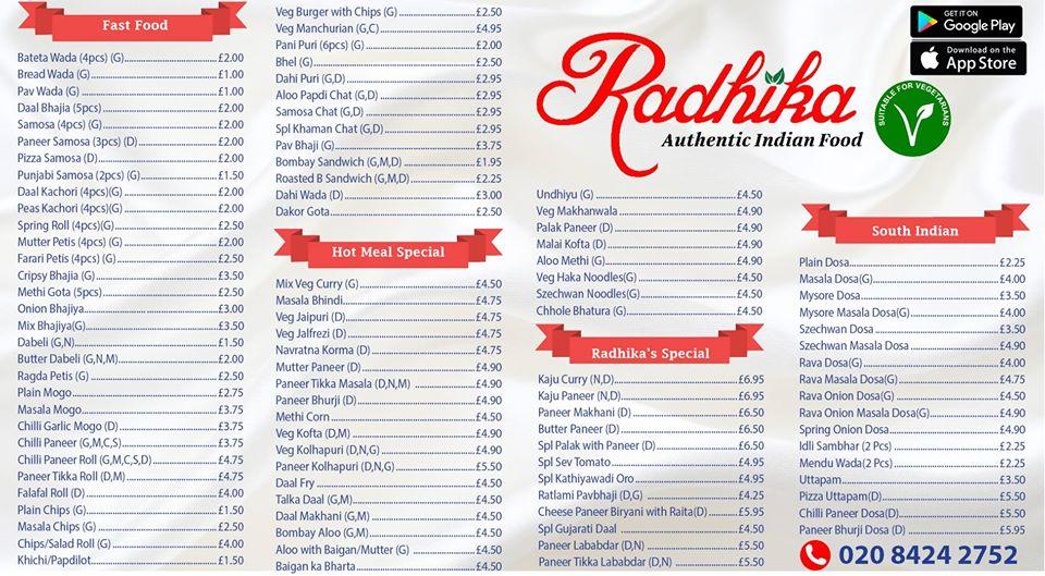 Menu at Radhika restaurant, Harrow