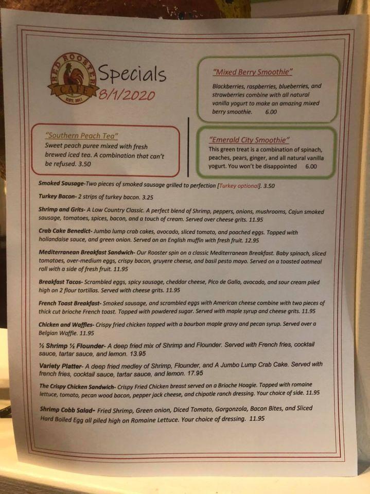 Menu at Red Rooster Cafe, Beaufort, Boundary St