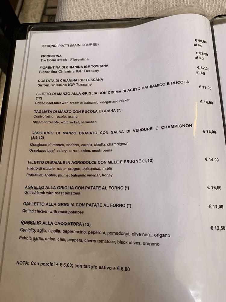 Menu at Trattoria Antica Macelleria restaurant, San Gimignano