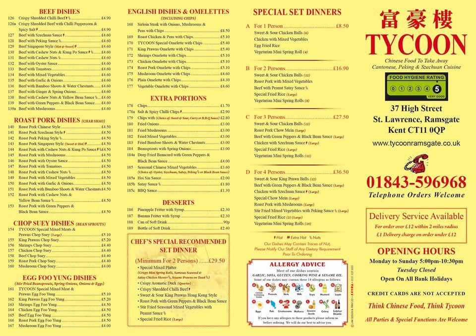 Menu at Tycoon Chinese Takeaway fast food, Ramsgate