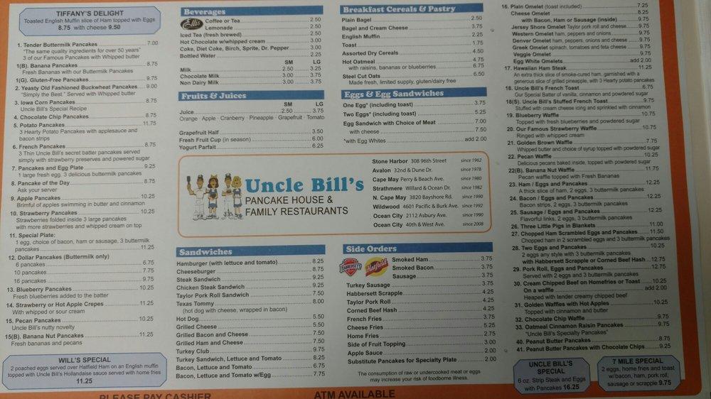 Menu at Uncle Bill's Pancake House restaurant, Stone Harbor, 304 96th St