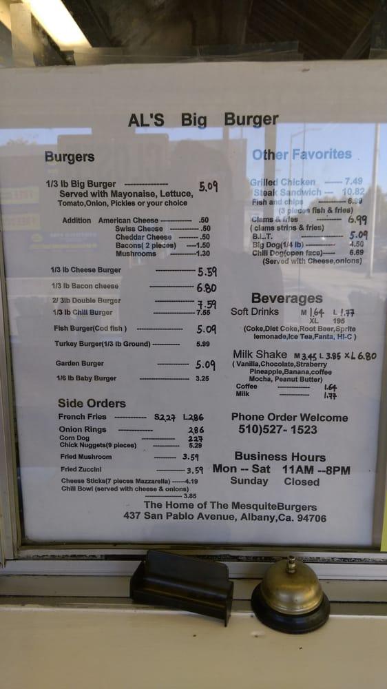Menu at Al's Big Burger restaurant, Albany