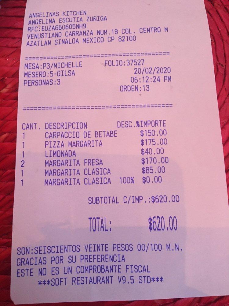 Menu at Angelina's Kitchen restaurant, Mazatlán