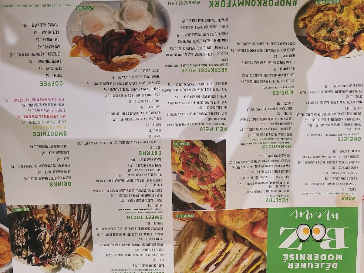 Menu au Baba & Zazu restaurant, Mont-Royal, Lucerne Rd