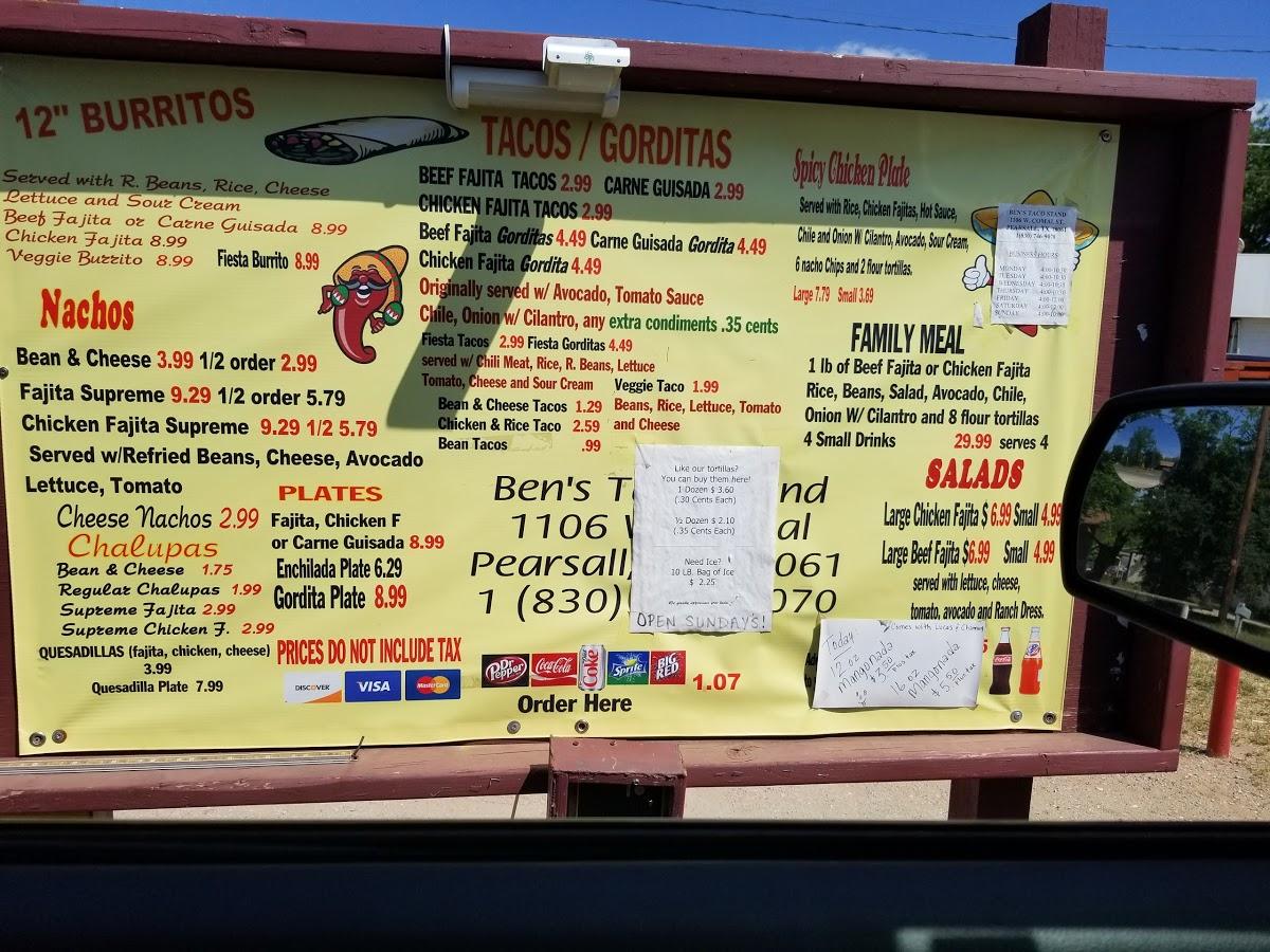 Menu at Bens's Taco Stand restaurant, Pearsall