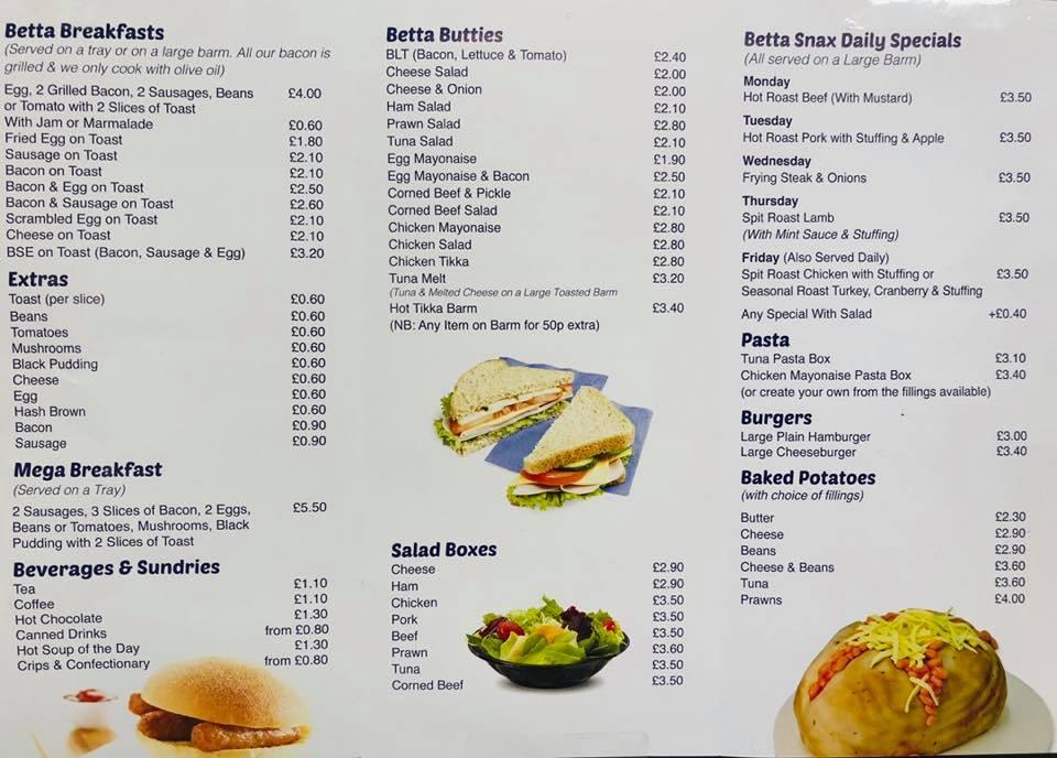 Menu at Betta Snax Ltd cafe, Runcorn