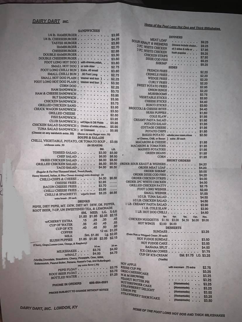 Menu at Dairy Dart desserts, London, 841 S Main St