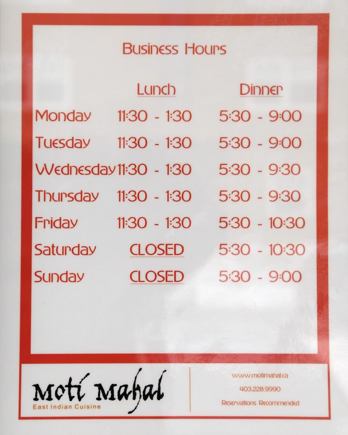 Menu at Moti Mahal Restaurant, Calgary, 14 St SW