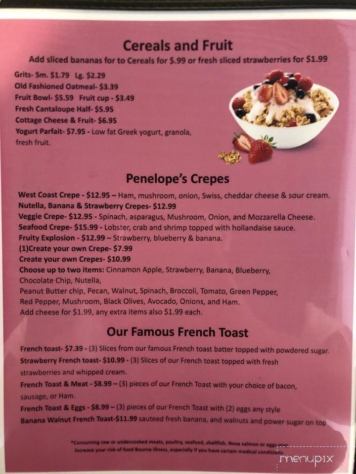 Menu at Penelope's Diner restaurant, Delray Beach