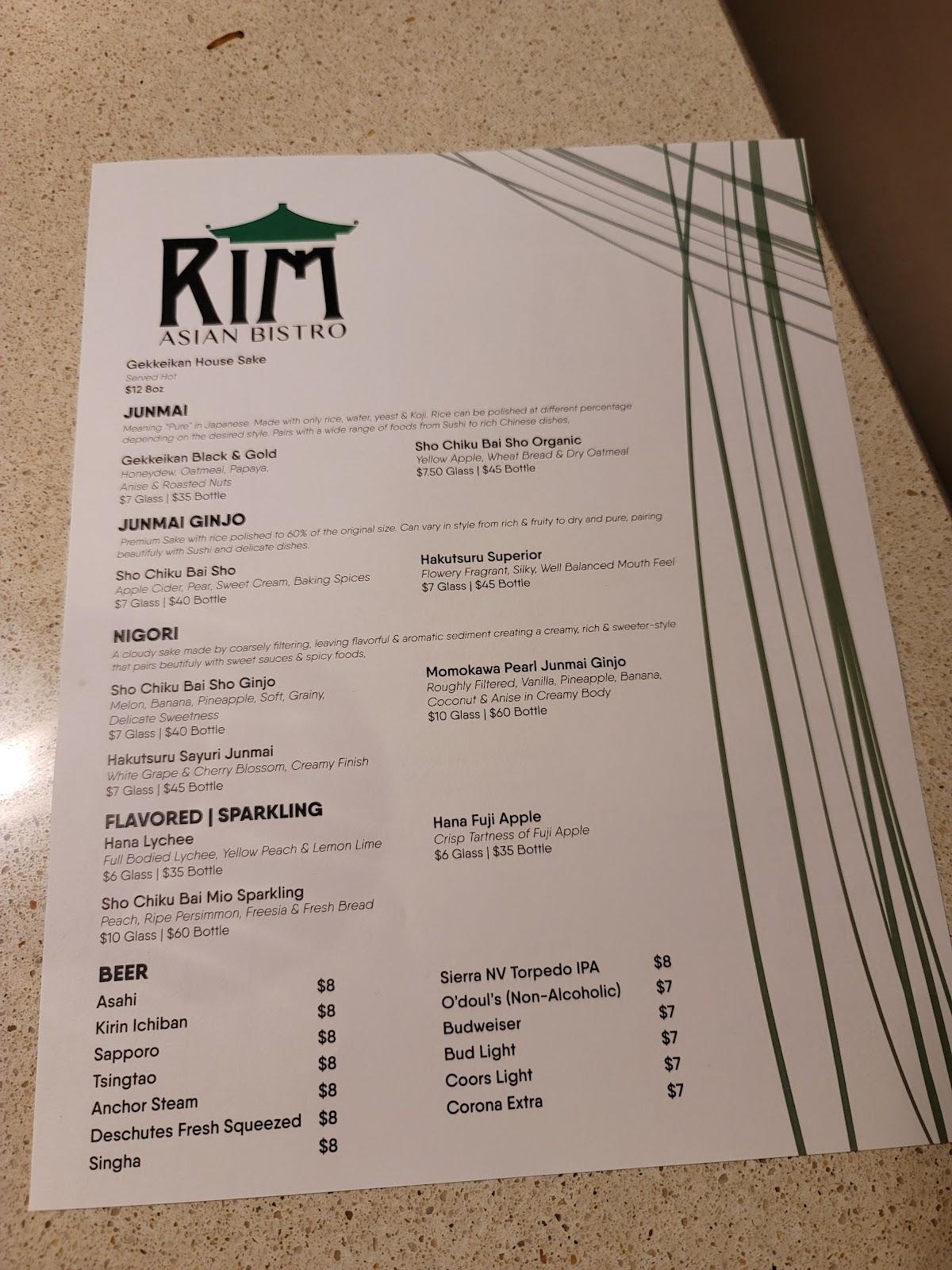 Menu at Rim Asian Bistro restaurant, Reno