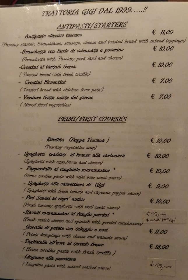 Menu at Trattoria Gigi restaurant, Florence
