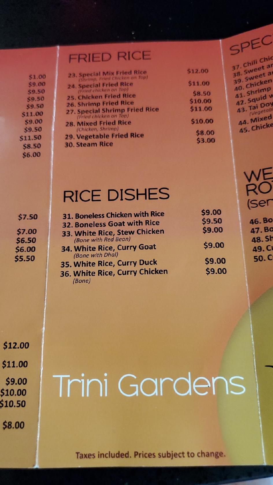 Menu at Trini Gardens Restaurant, Toronto