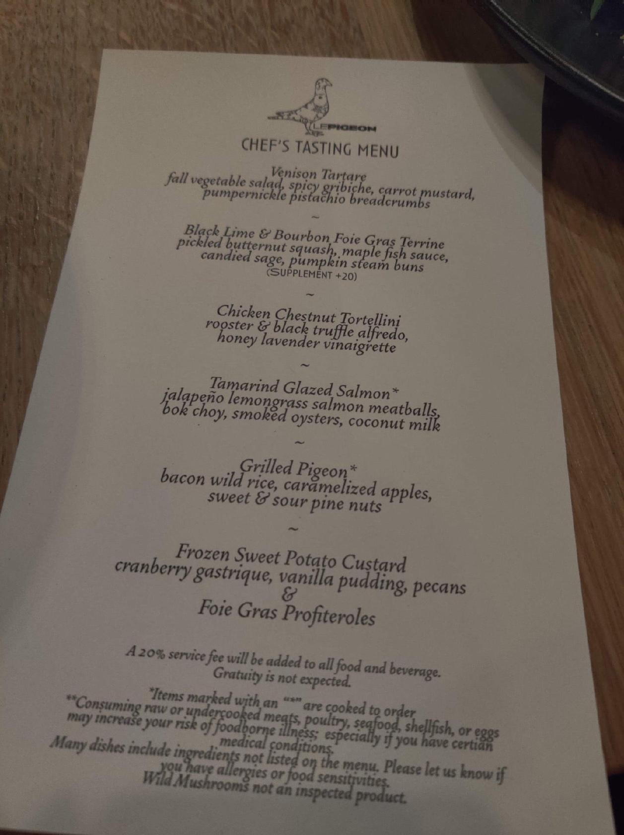 Menu at Le Pigeon restaurant, Portland