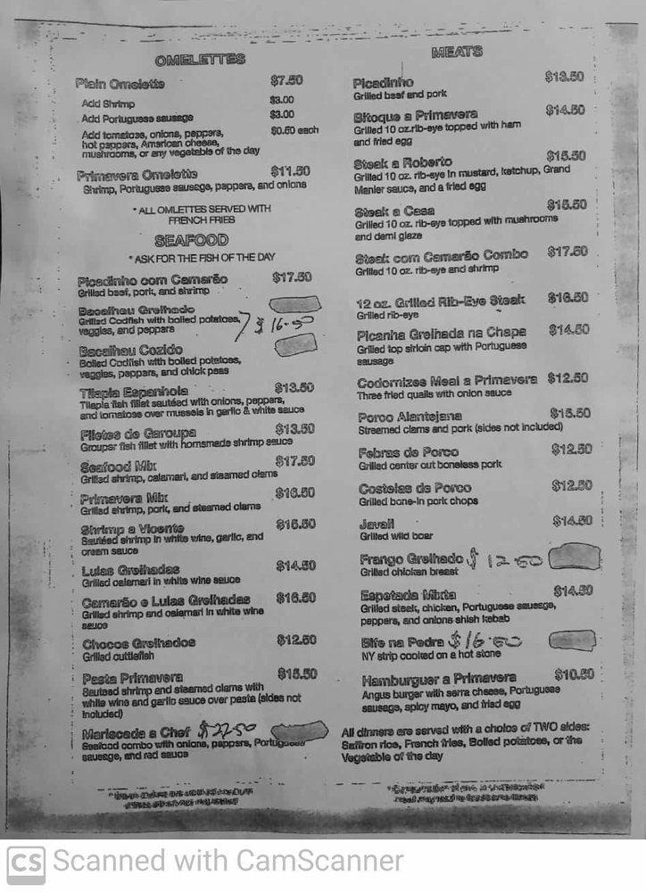 Menu at Primavera Pub, Hartford