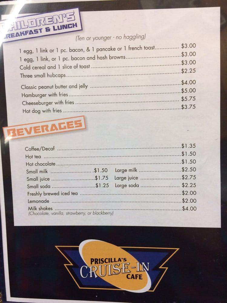 Menu at Priscilla's Cruise In Cafe, Port Angeles