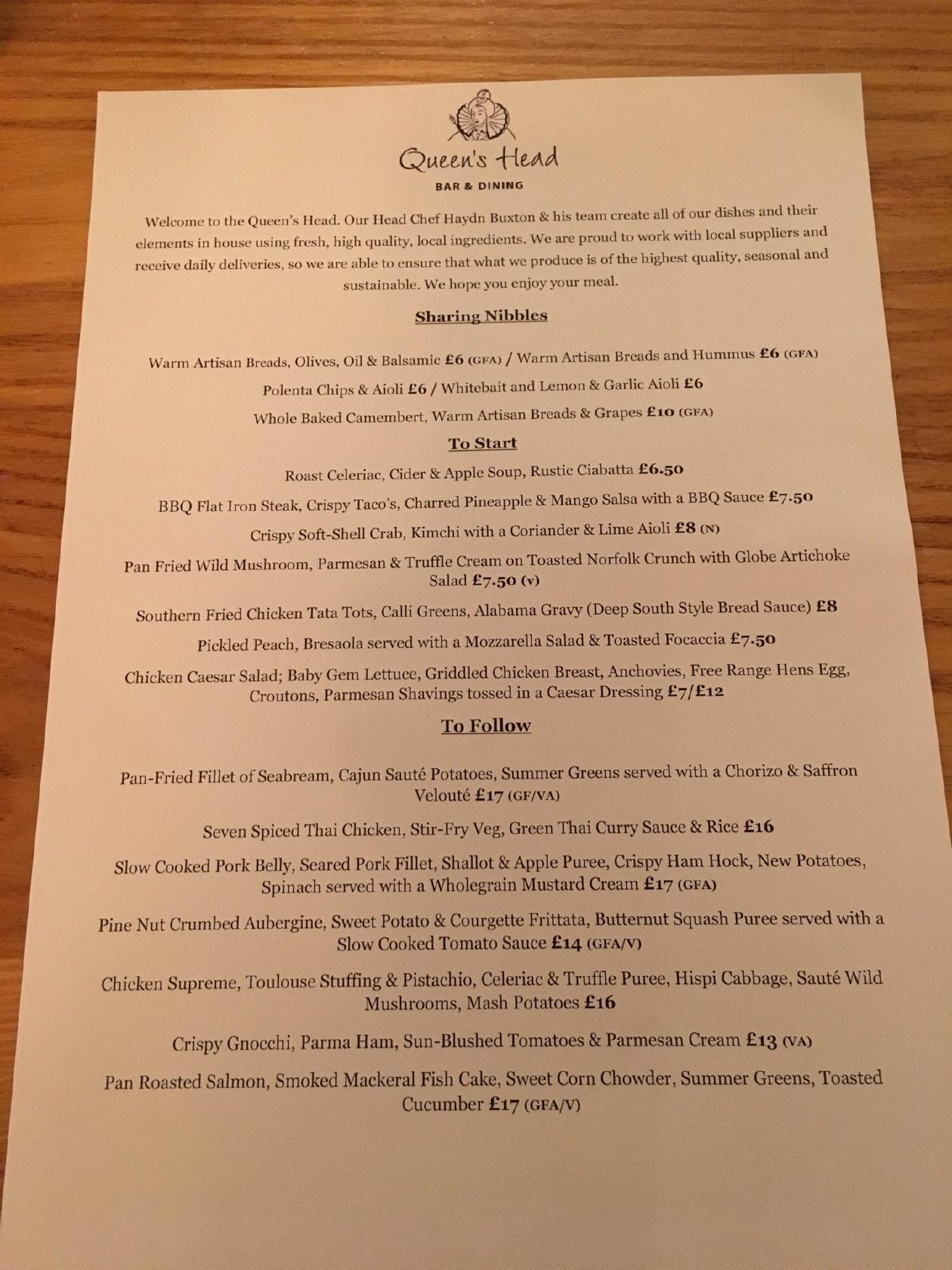Menu at The Queens Head restaurant, Wymondham