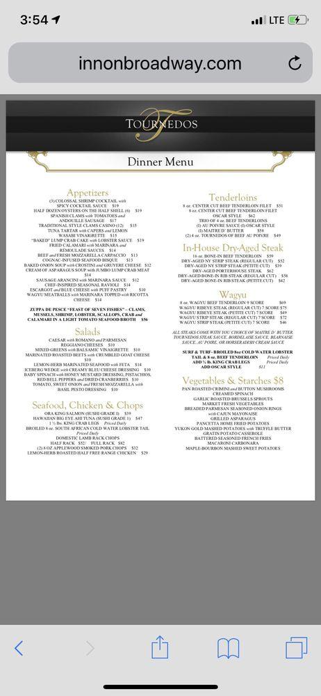 Menu at Tournedos Steakhouse, Rochester