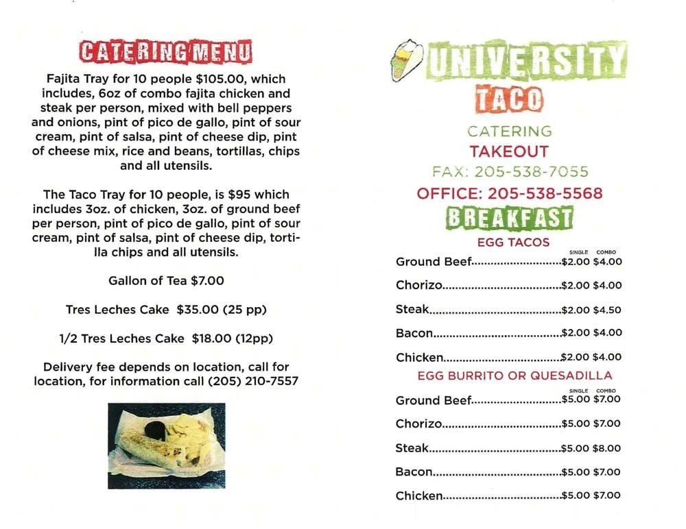 Menu at University Tacos and Burritos restaurant, Birmingham