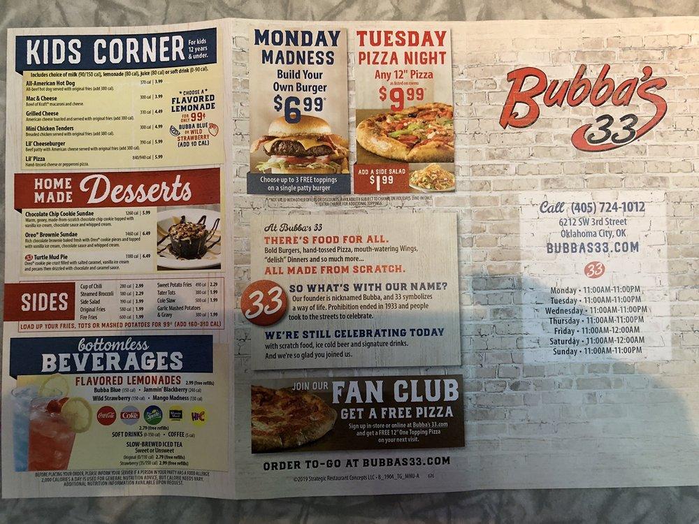 Menu at Bubba's 33 pizzeria, Oklahoma City