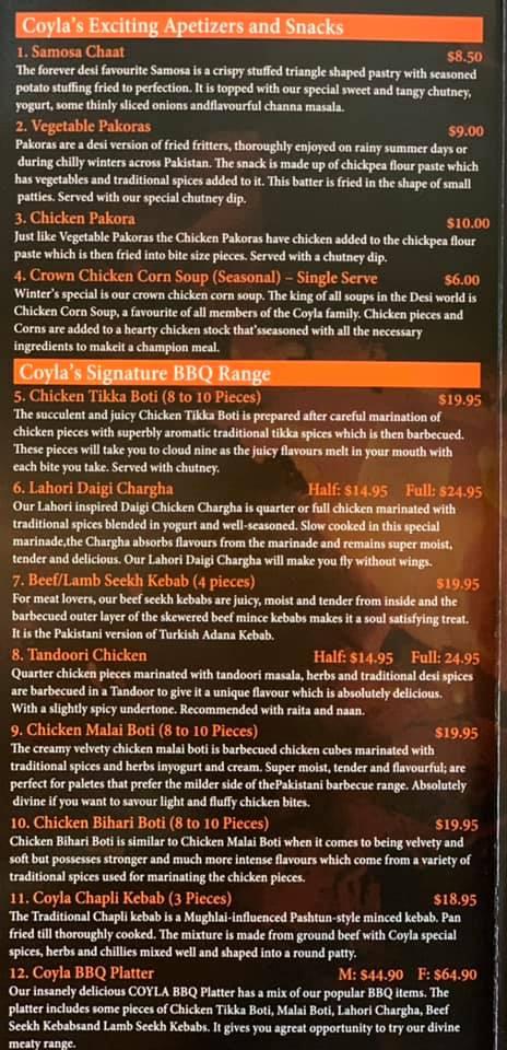 Menu at COYLA restaurant, Werribee