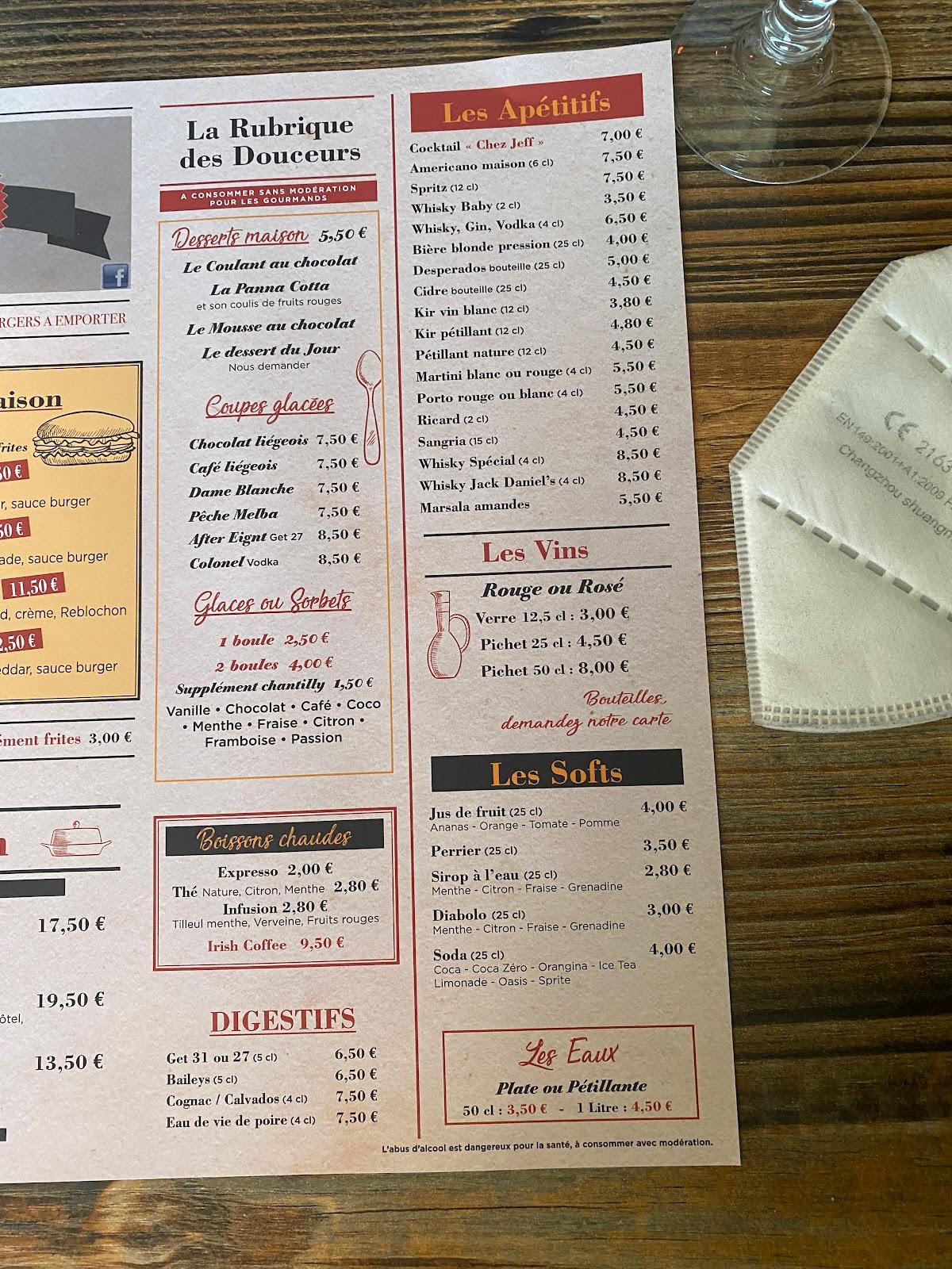 Menu at Chez Jeff restaurant, Plédran