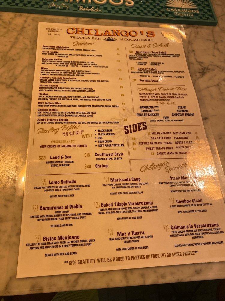 Menu at Chilango's pub & bar, Baltimore