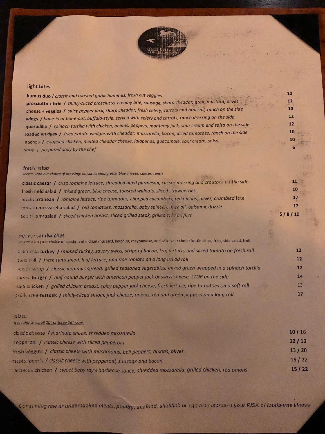 Menu at Grille At The Reserve restaurant, Philadelphia