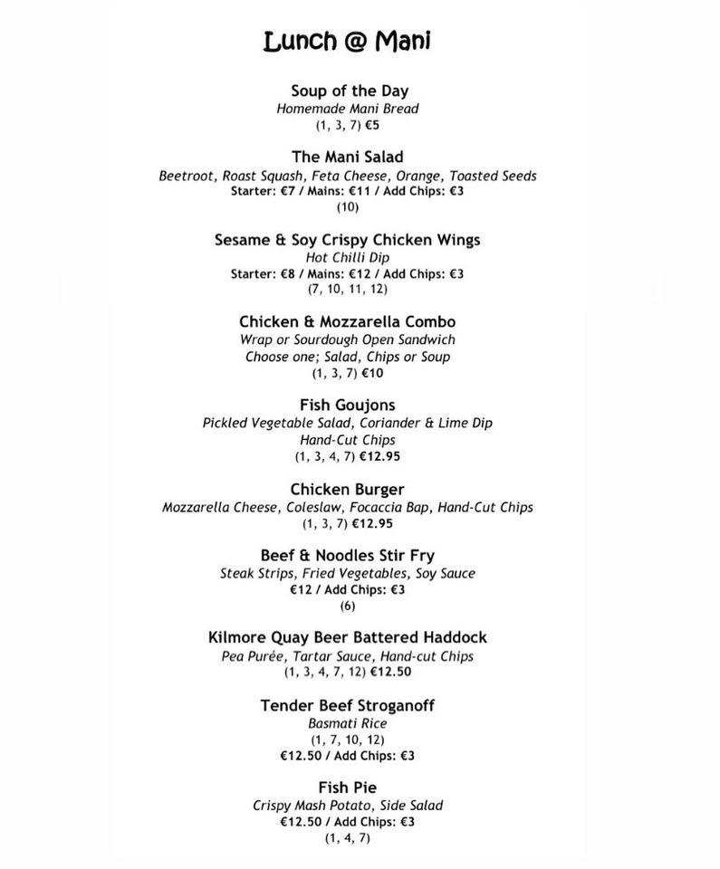Menu at Mani Restaurant, Clonmel