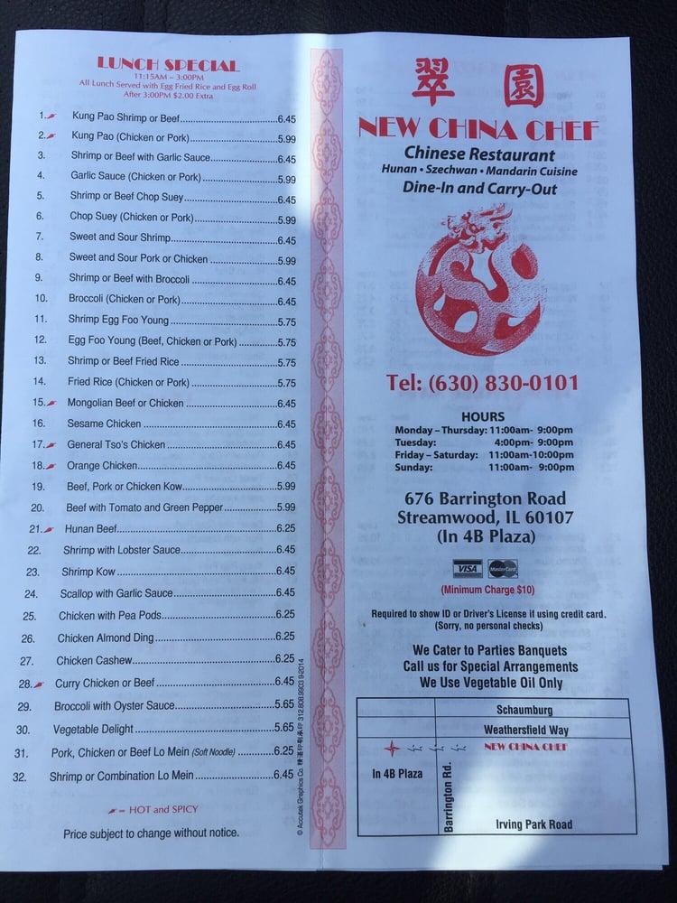 Menu at New China Chef restaurant, Streamwood