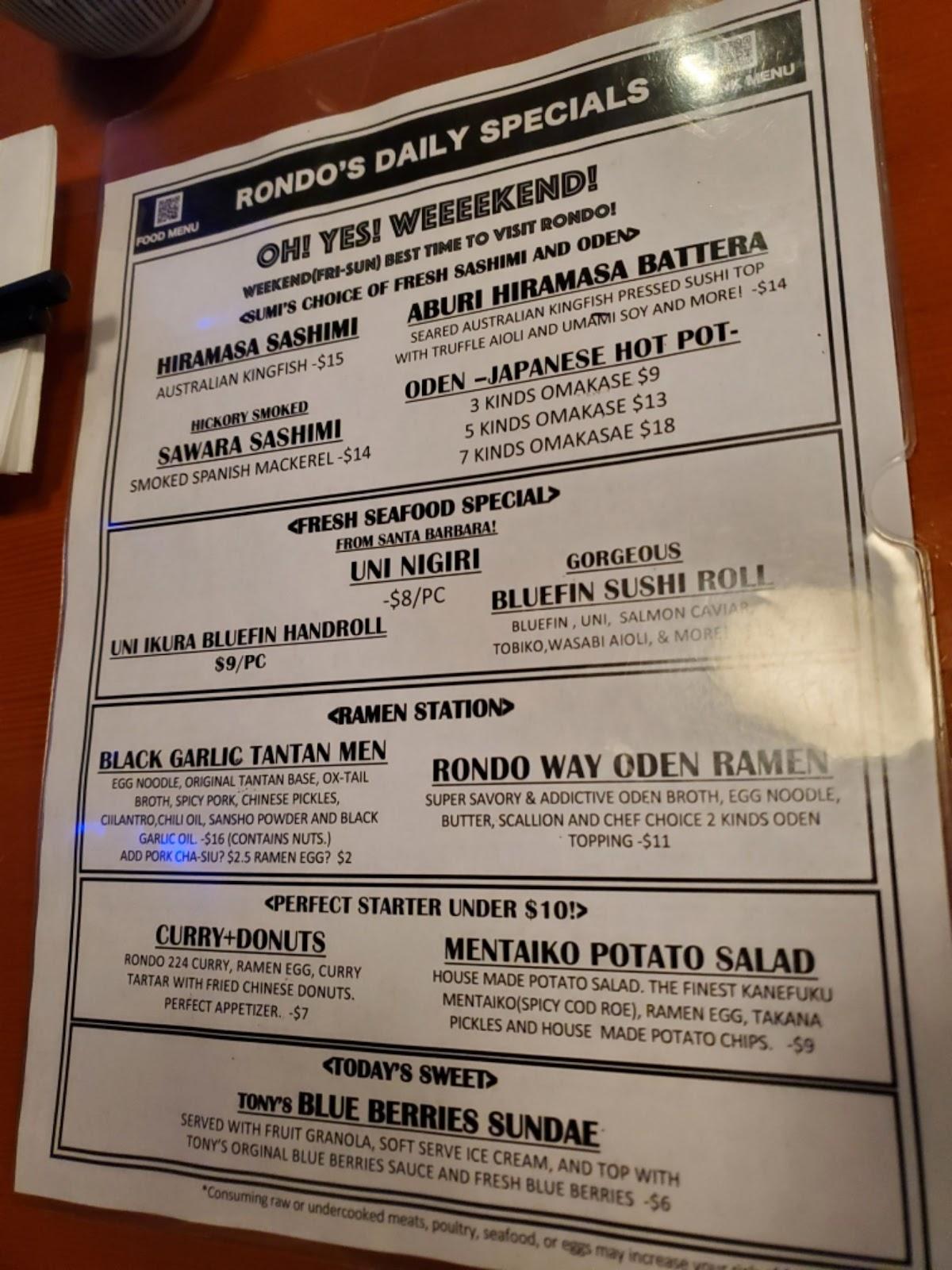 Menu at Rondo Japanese Kitchen restaurant, Seattle