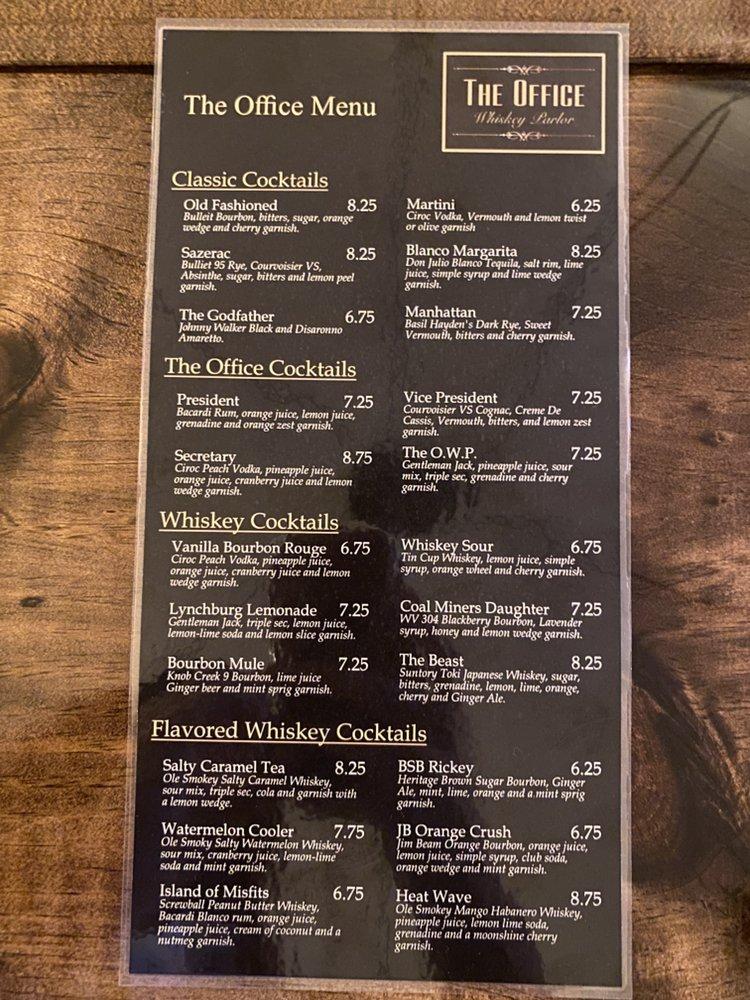 Menu at The Office Whiskey Parlor pub & bar, Parkersburg