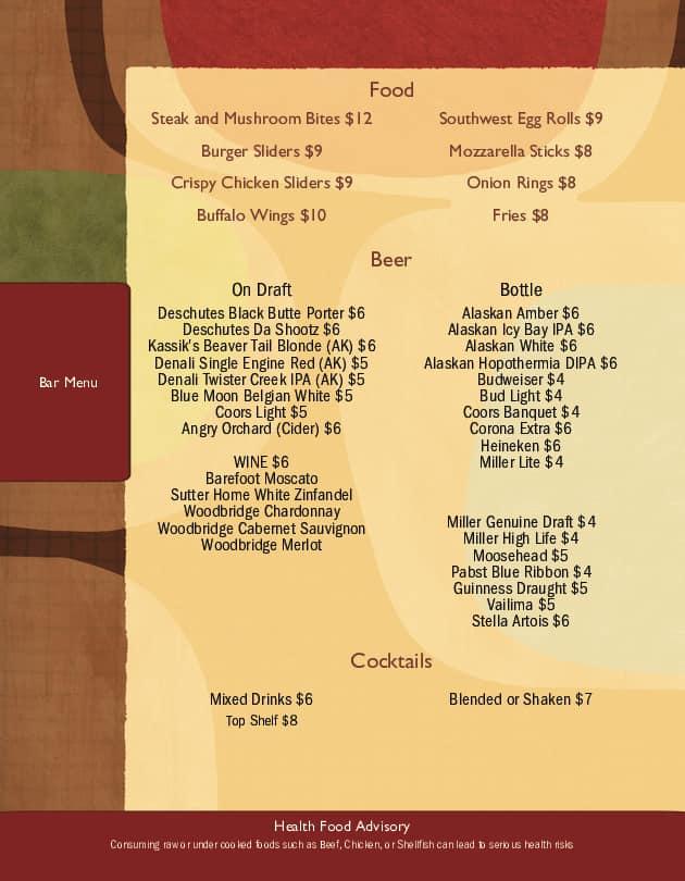 Menu at Trophy Lodge Accommodations restaurant, Delta Junction