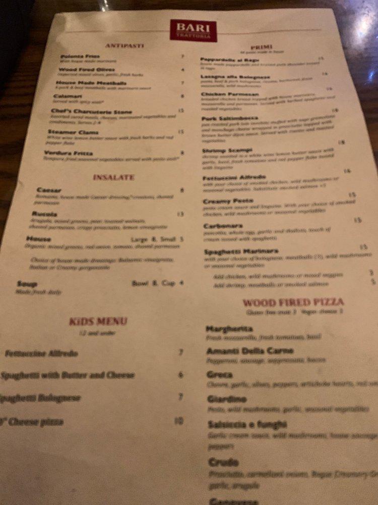 Menu at Bari Trattoria, Eugene
