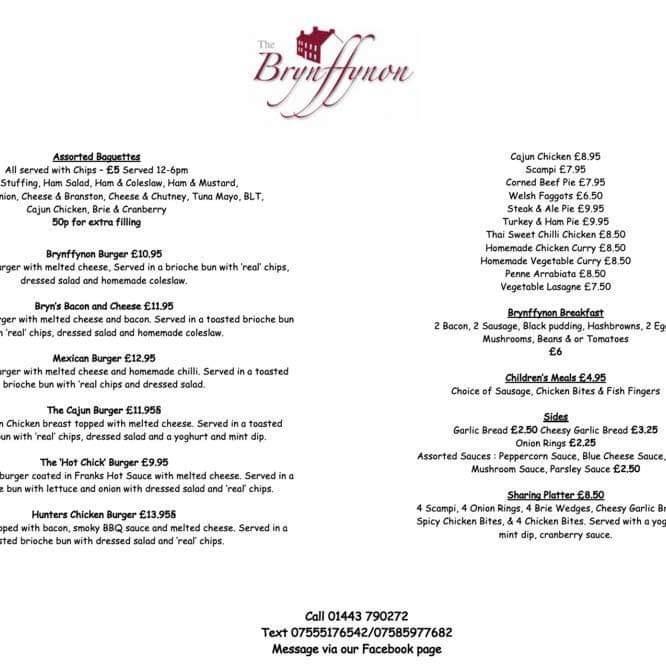Menu at Brynffynon Hotel pub & bar, Pontypridd