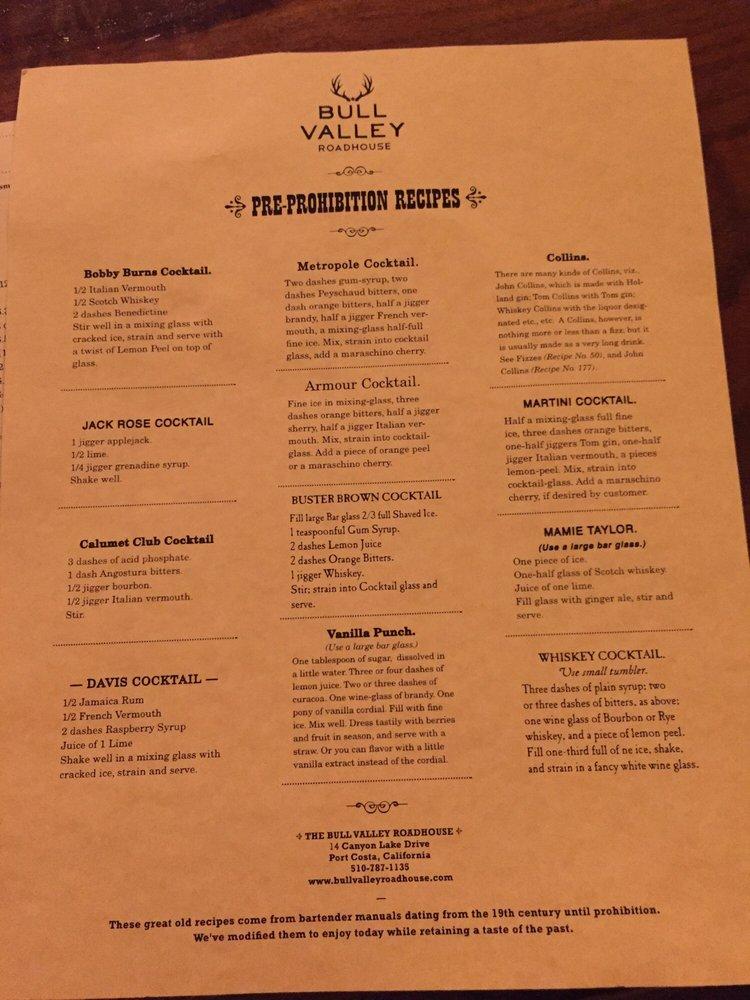 Menu at Bull Valley Roadhouse pub & bar, Port Costa