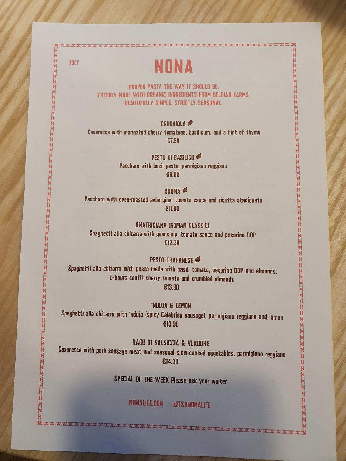 Menu au NONA PASTA St-Catherine, Bruxelles, Rue Sainte-Catherine 7