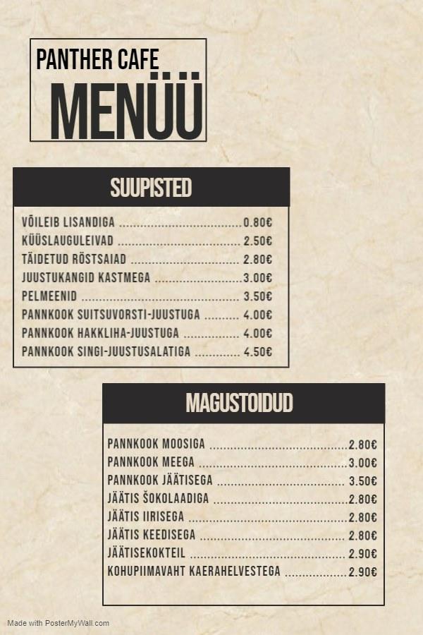 Menu at Panther Kohvik - Panther Teemaja OÜ cafe, Jõgeva