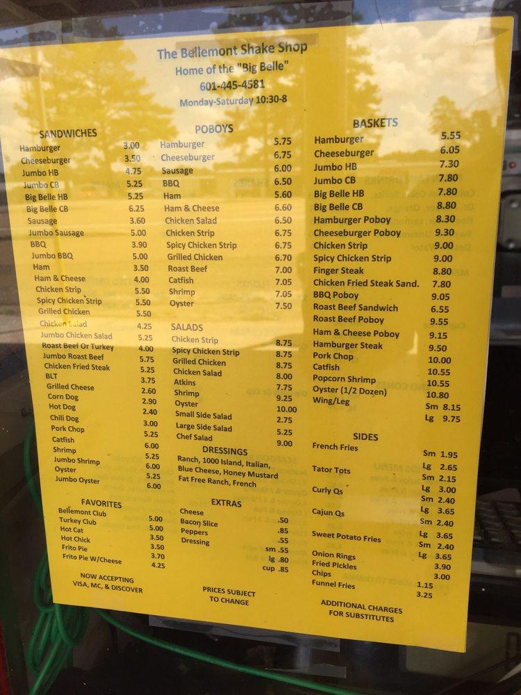 Menu at THE BELLEMONT SHAKE SHOP restaurant, Natchez, 175 US-61