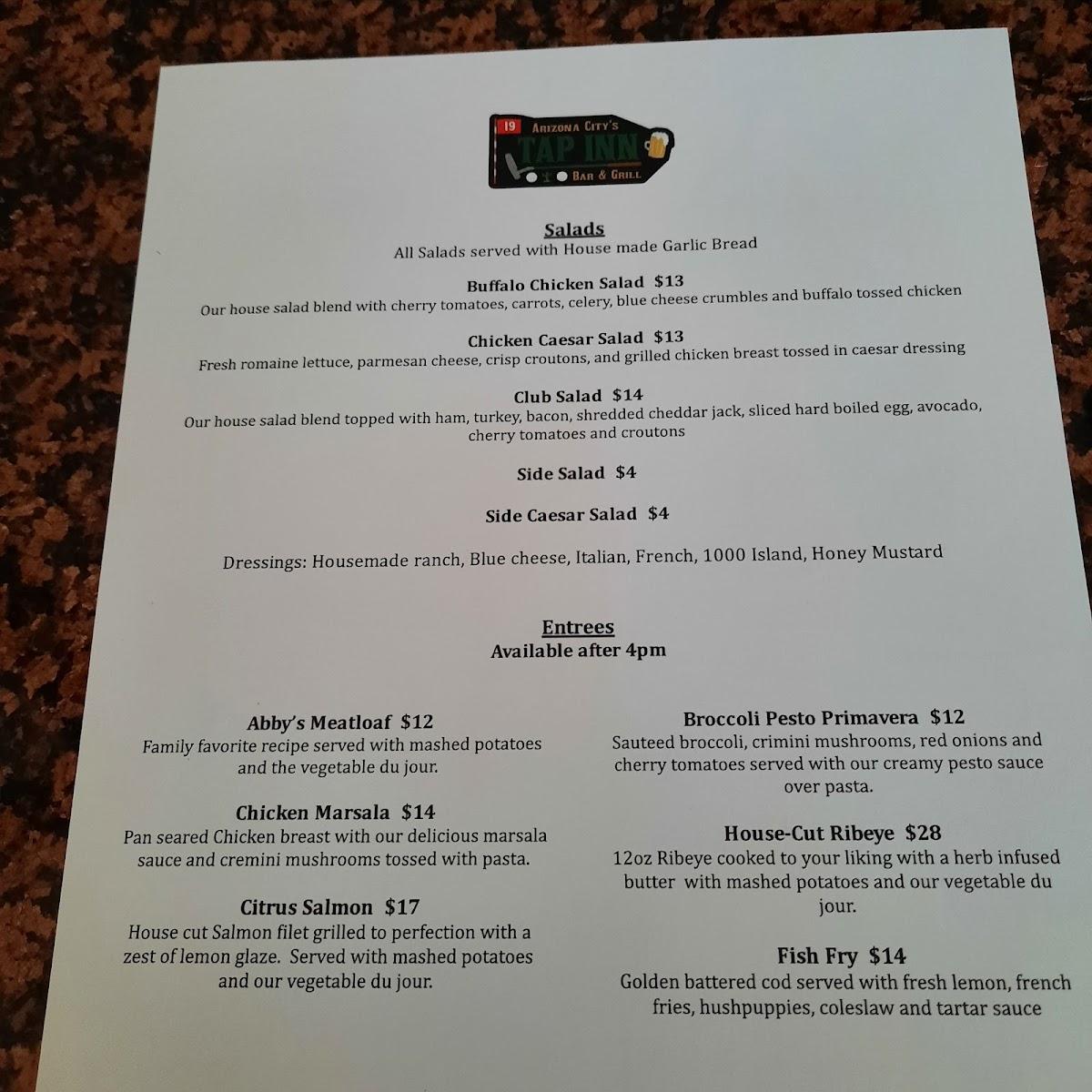 Menu at Tap Inn Restaurant and Bar, Arizona City