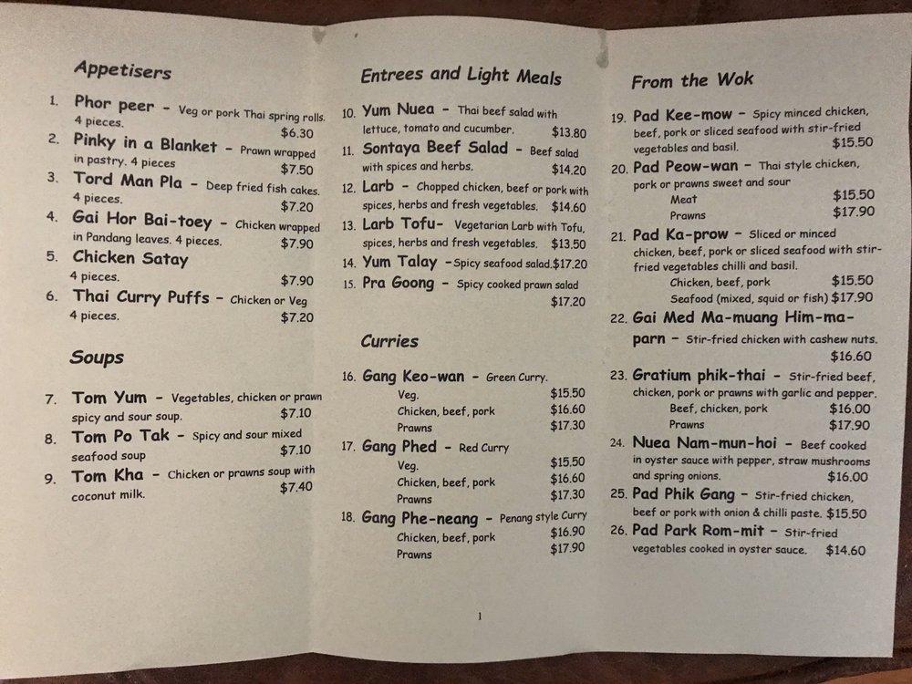 Menu at Thai Sontaya restaurant, Eltham