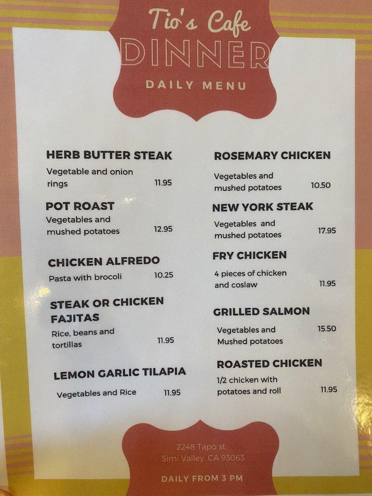 Menu at Tio's Cafe, Simi Valley